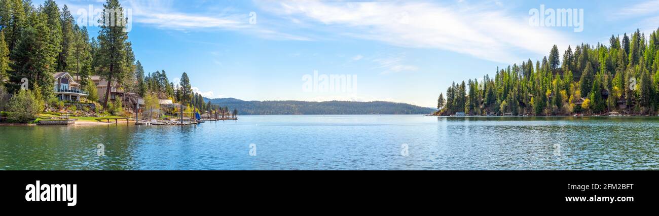 A panoramic view of Lake Coeur d'Alene, Idaho, USA with waterfront ...