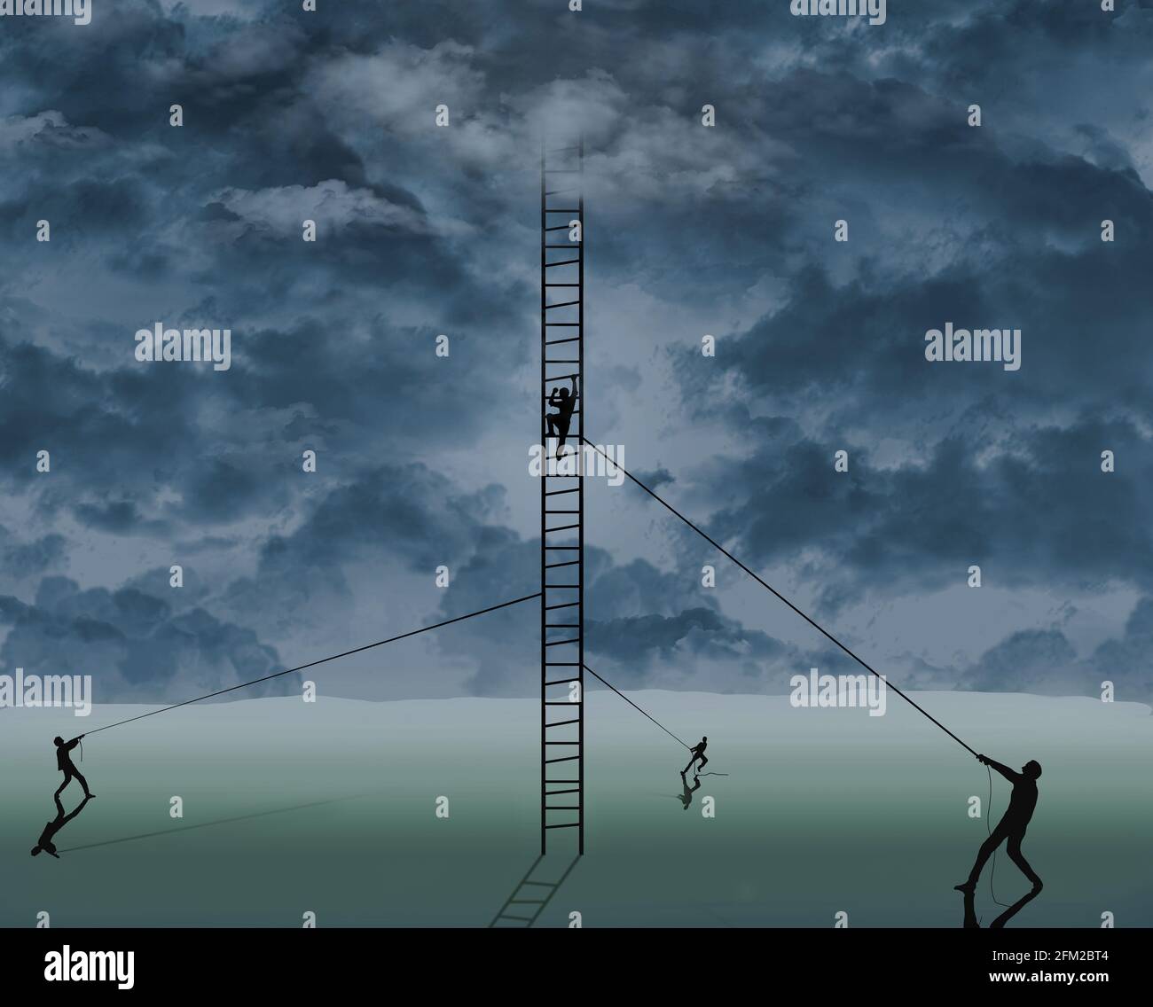 Three men holds ropes to support a ladder as another man climbs up into ...