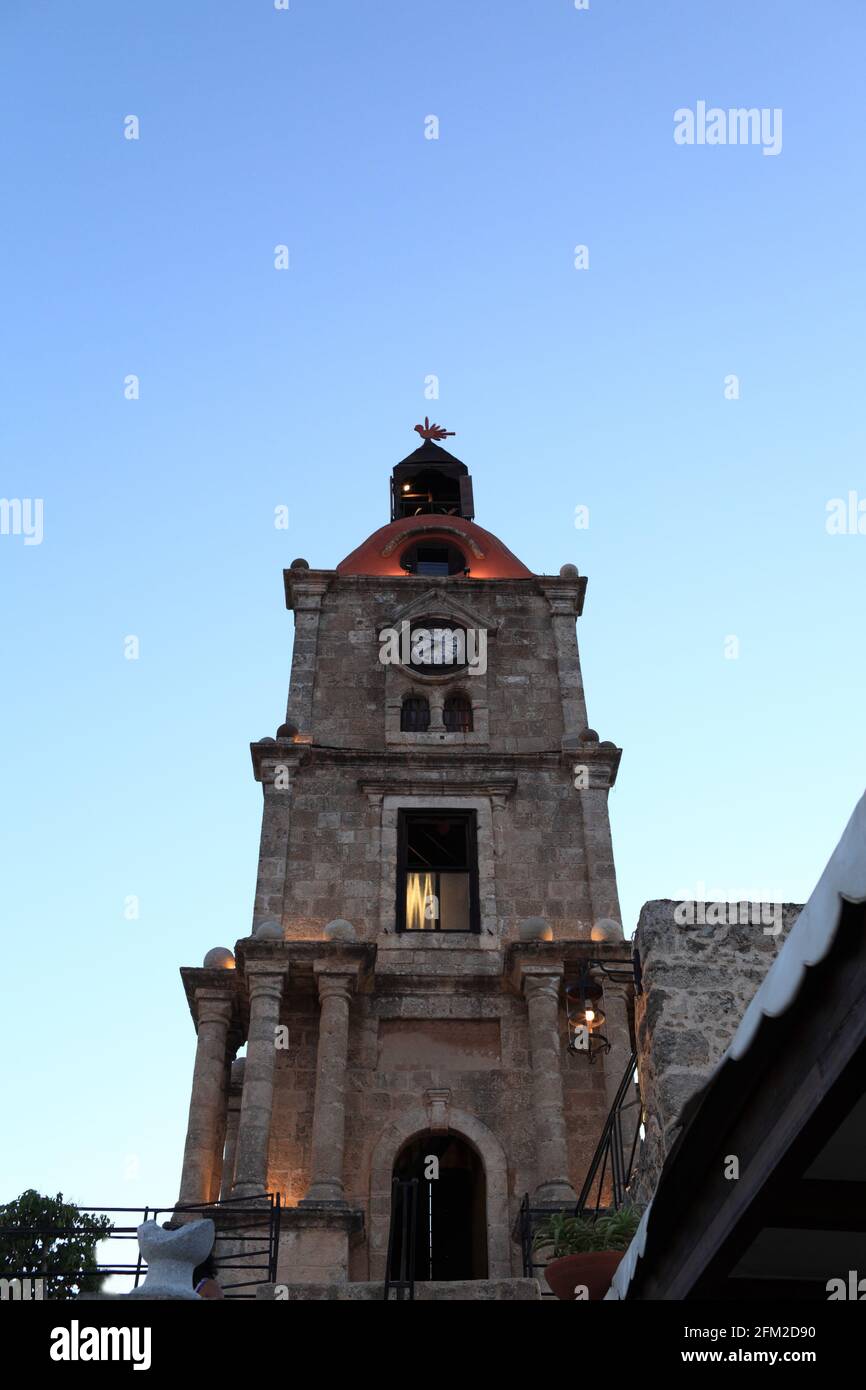 Clock tower of Rhodes in old city, Greece. It is a byzantine structure ...