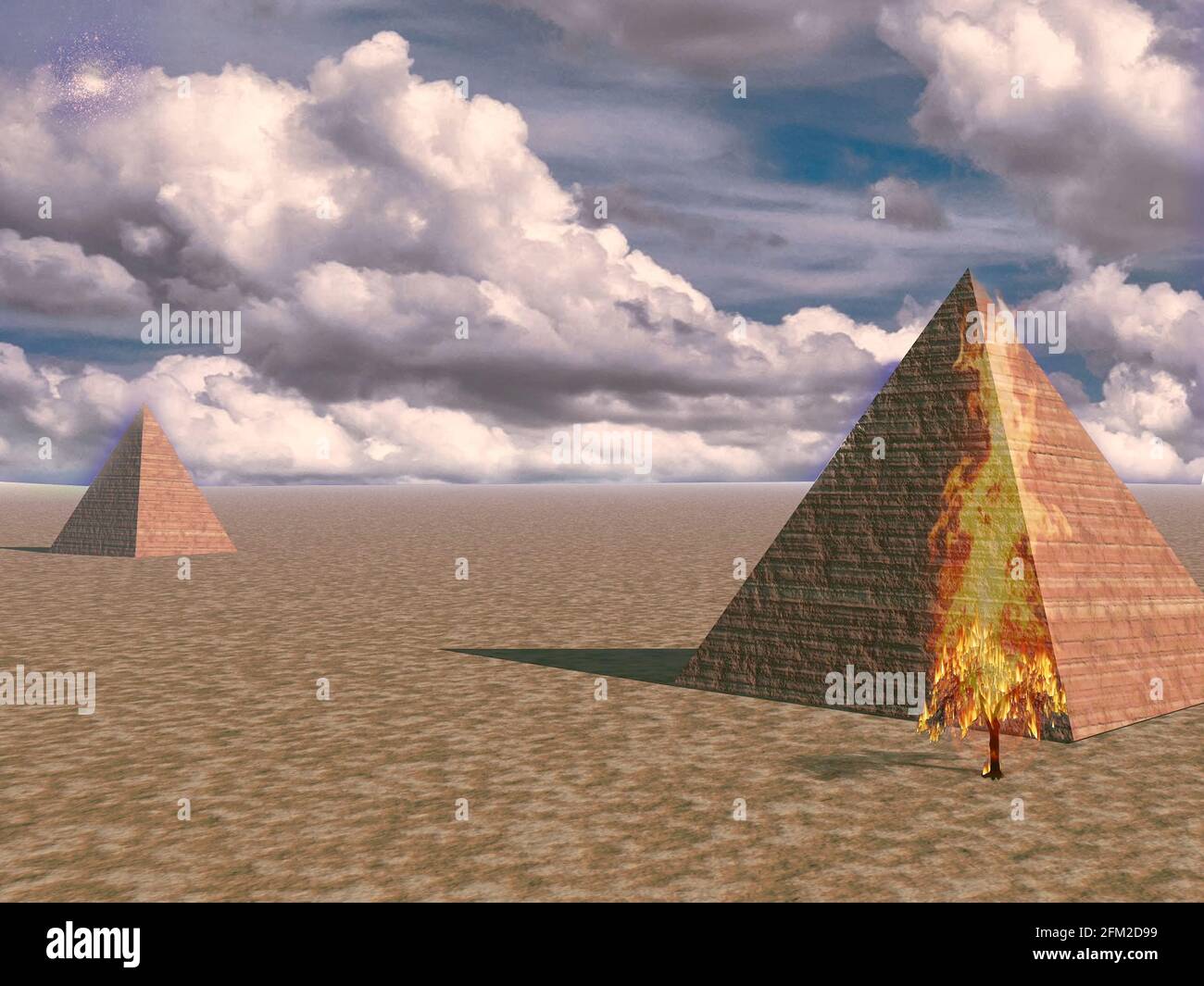 Egyptian pyramids and burning tree. Surreal landscape Stock Photo - Alamy