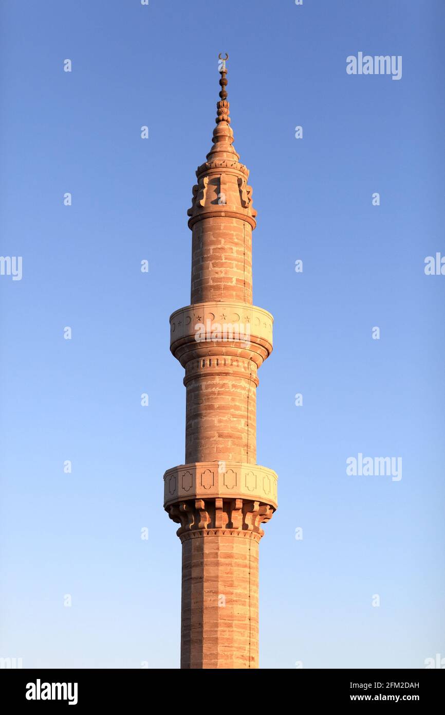 Minaret on the sky background, Suleiman Mosque, Rhodes, Greece Stock ...