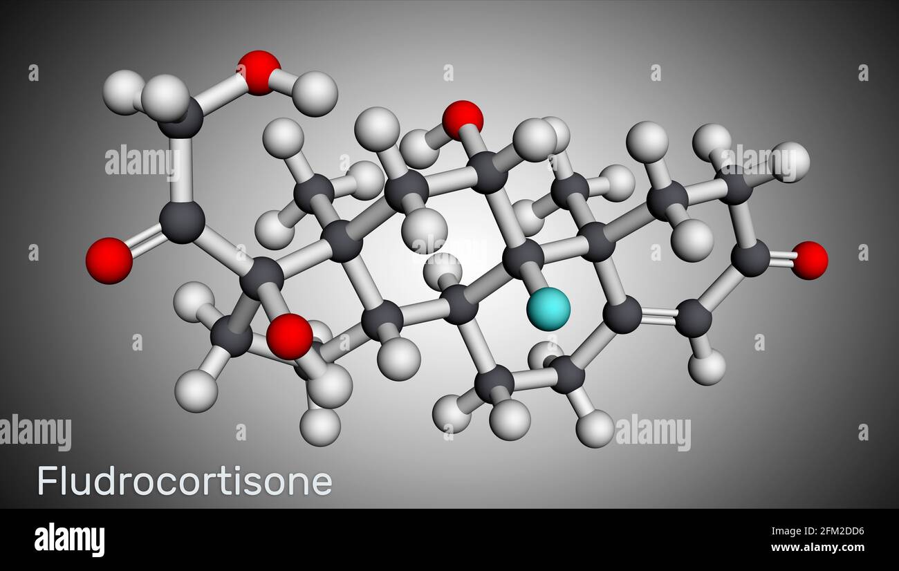 Fludrocortison, fluorocortisone molecule. It is synthetic ...