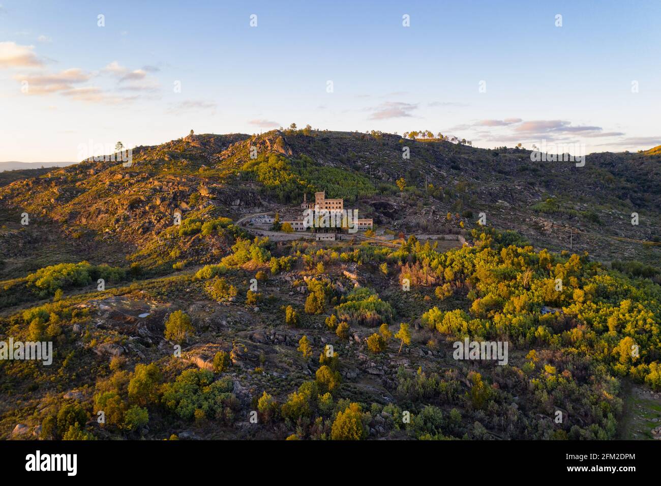 Drone aerial panorama of Termas Radium Hotel Serra da Pena at sunset in ...