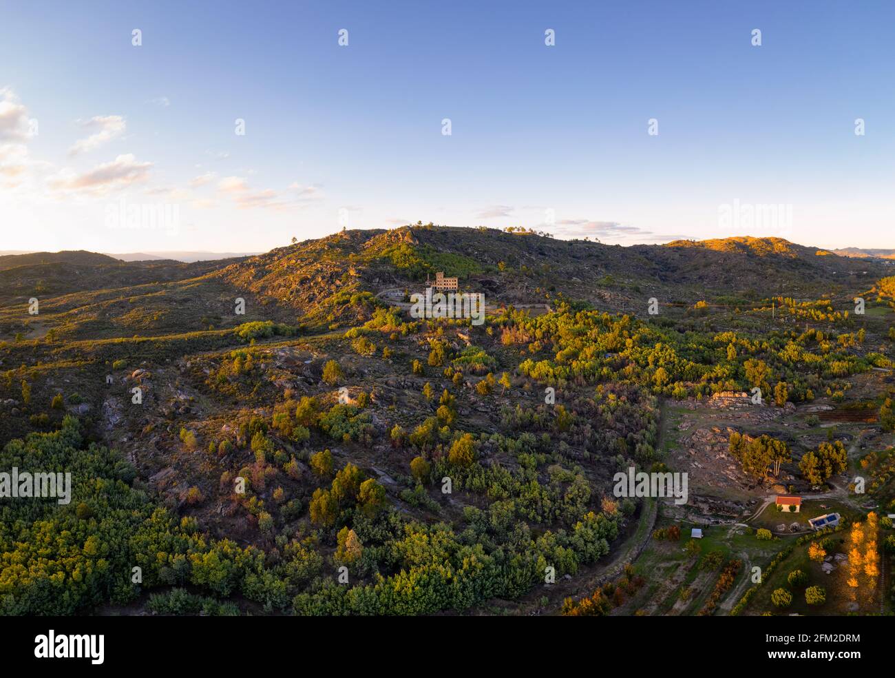 Drone aerial panorama of Termas Radium Hotel Serra da Pena at sunset in ...