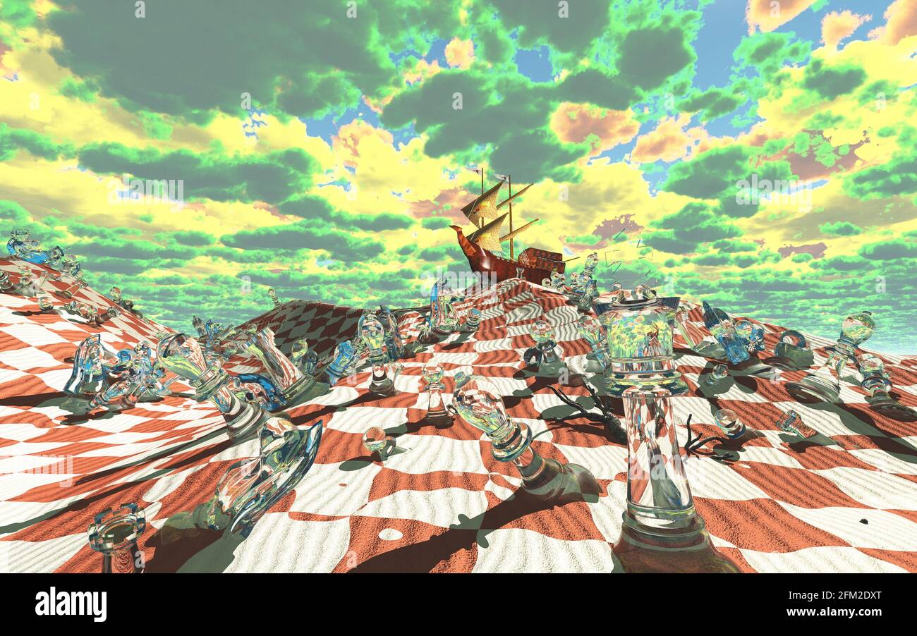 Ancient sailboat travels to wonderland. Surreal checkered desert and ...