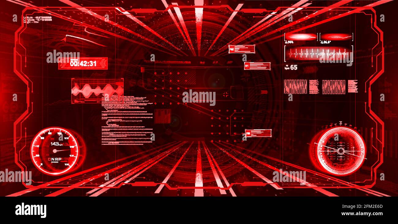 RED VR cockpit with HUD interface and virtual cyberspace. Virtual ...