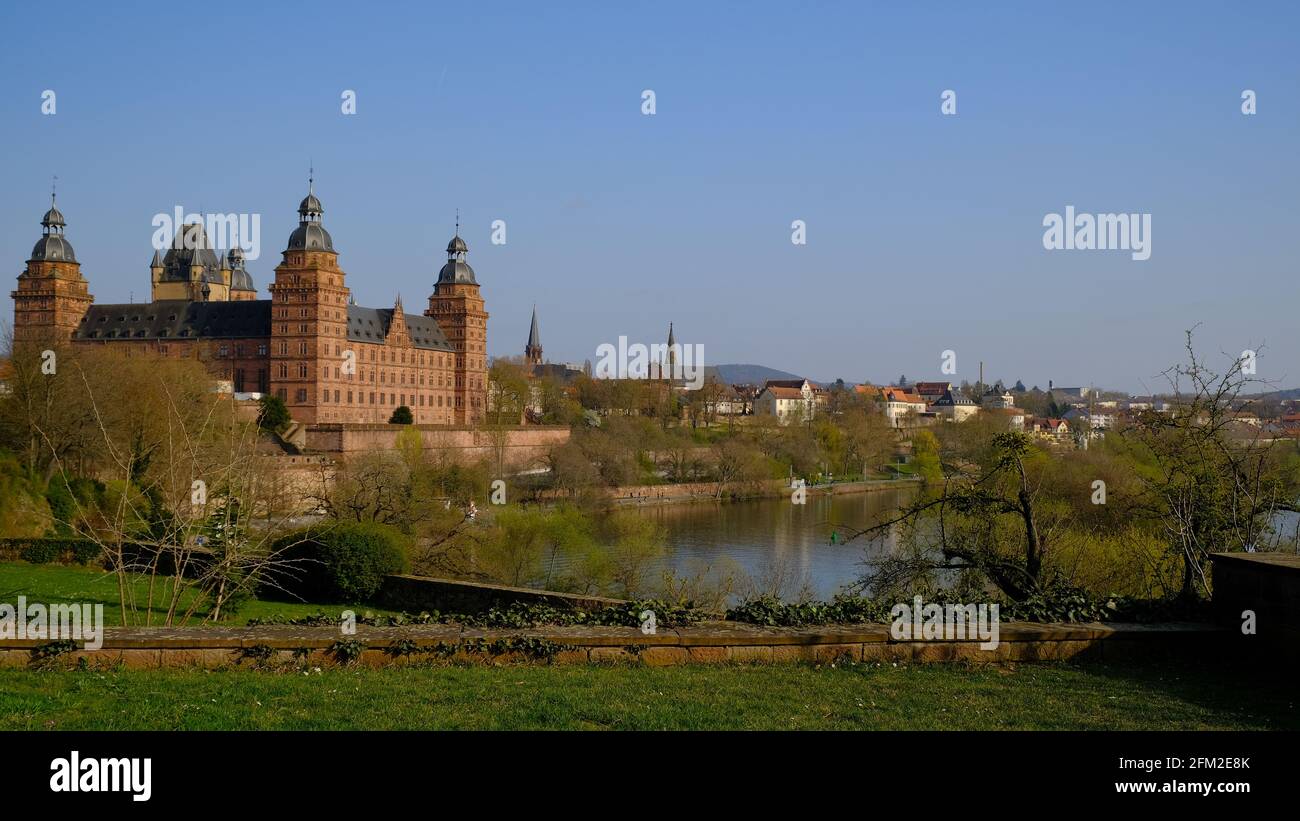 View over German city Aschaffenburg with Main river and the Schloss ...
