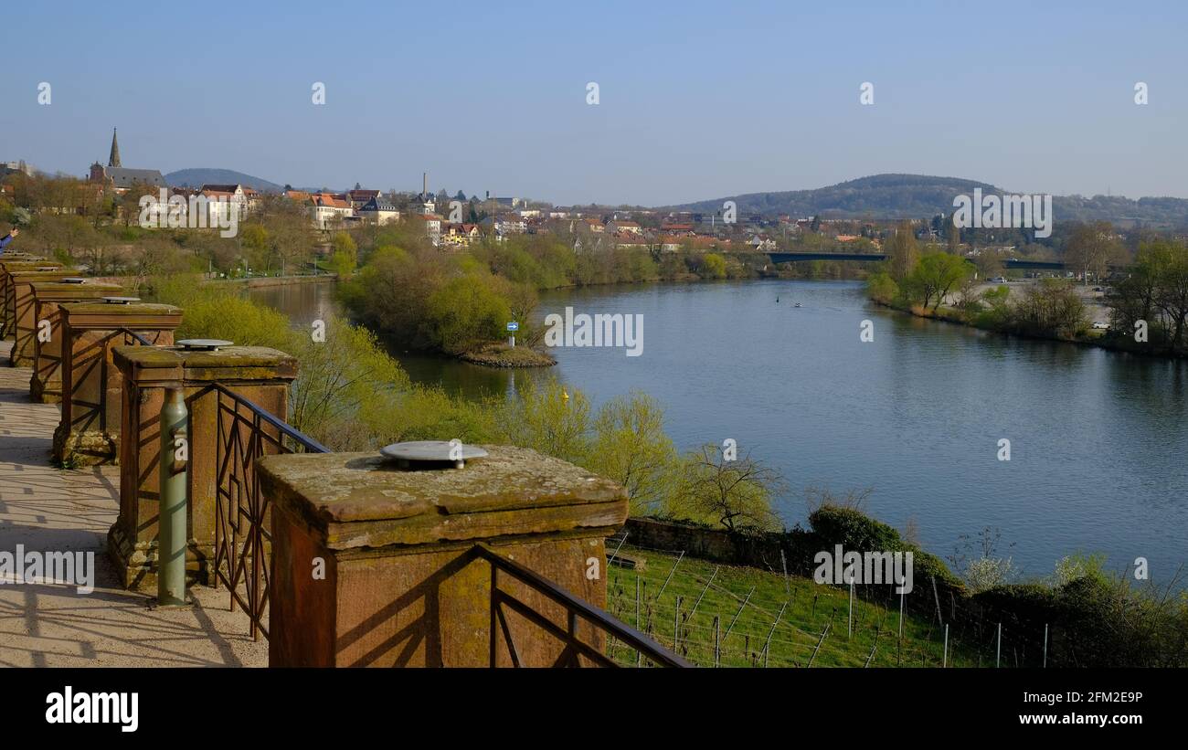 View over German city Aschaffenburg with Main river and the Schloss ...