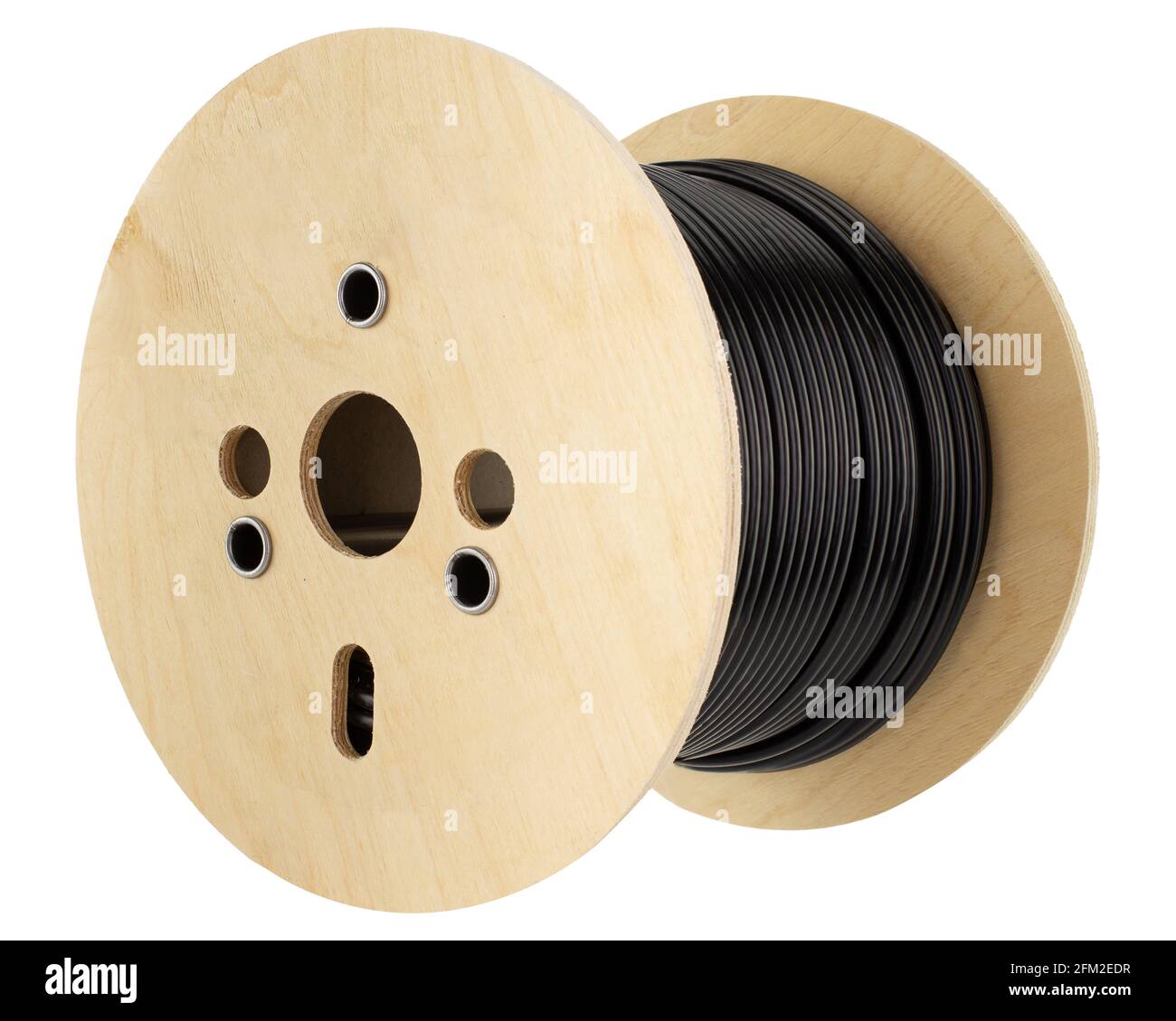 Black cable large spool, Roll - wooden spool Stock Photo - Alamy