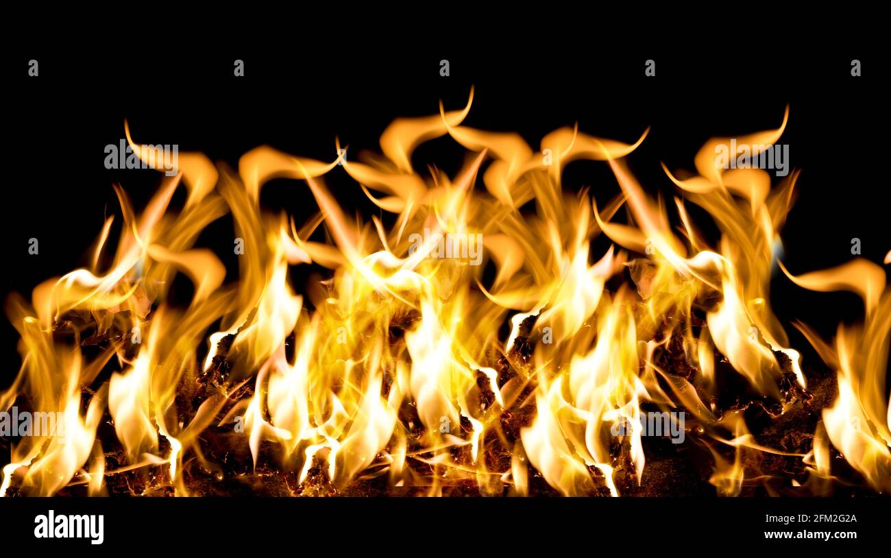 Fire flames of burning papers on black background close up shot Stock ...