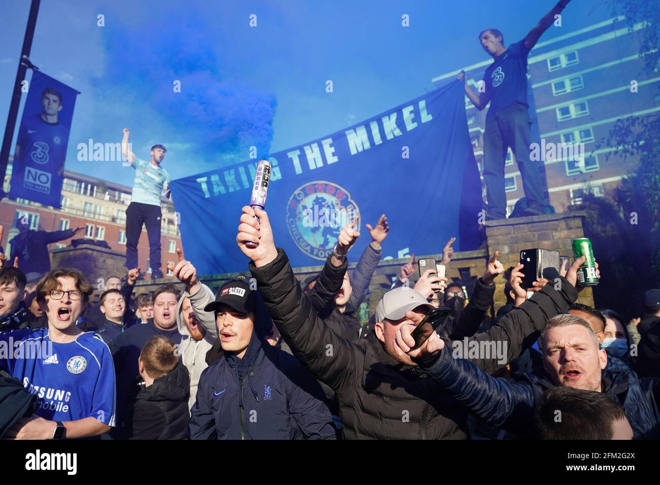 Chelsea fans protest club ownership outside the stadium before the UEFA ...