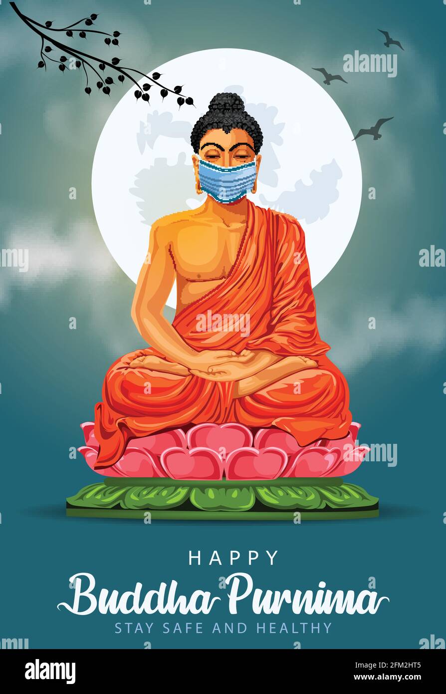 Happy Vesak Day, Buddha Purnima wishes greetings with buddha wearing surgical mask. coronavirus ...