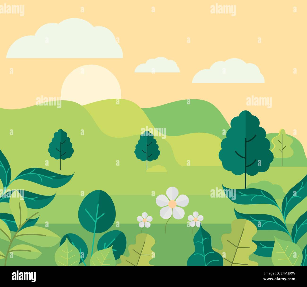 green hills trees grass flowers Stock Vector Image & Art - Alamy