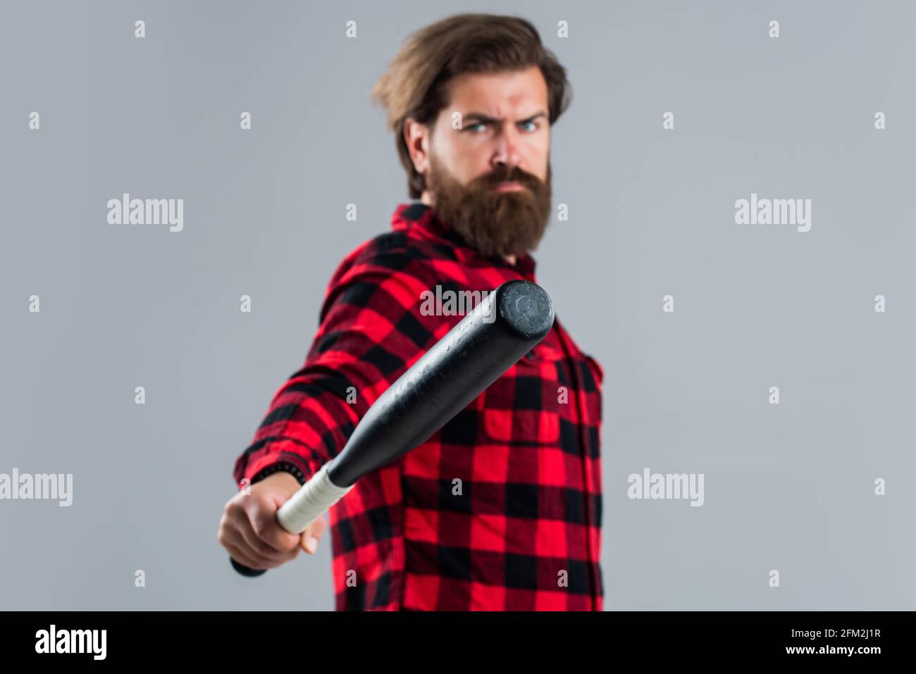 handsome bearded guy with beard and moustache hold baseball bat ...