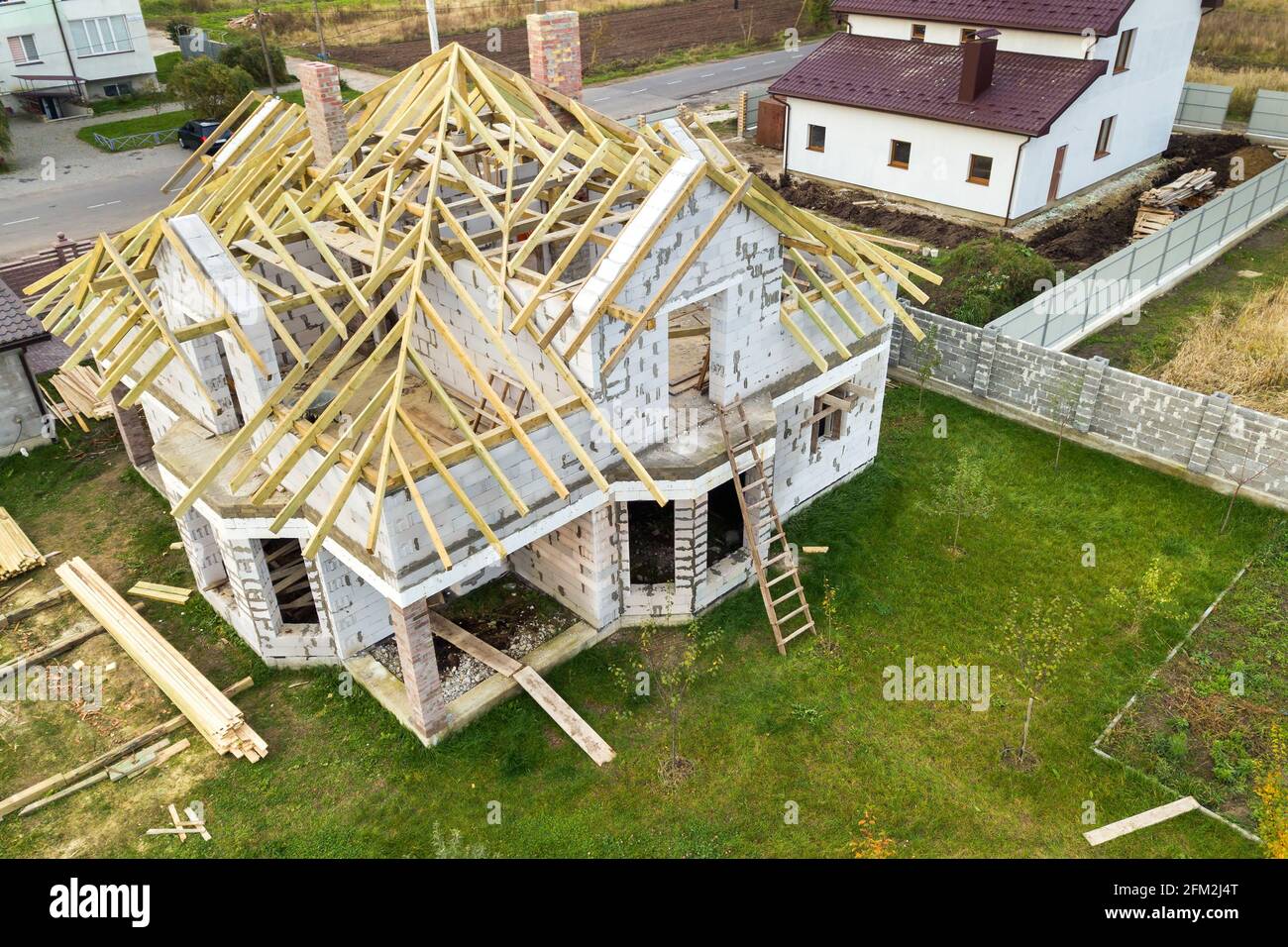 Aerial view of a private house with aerated concrete brick walls and ...