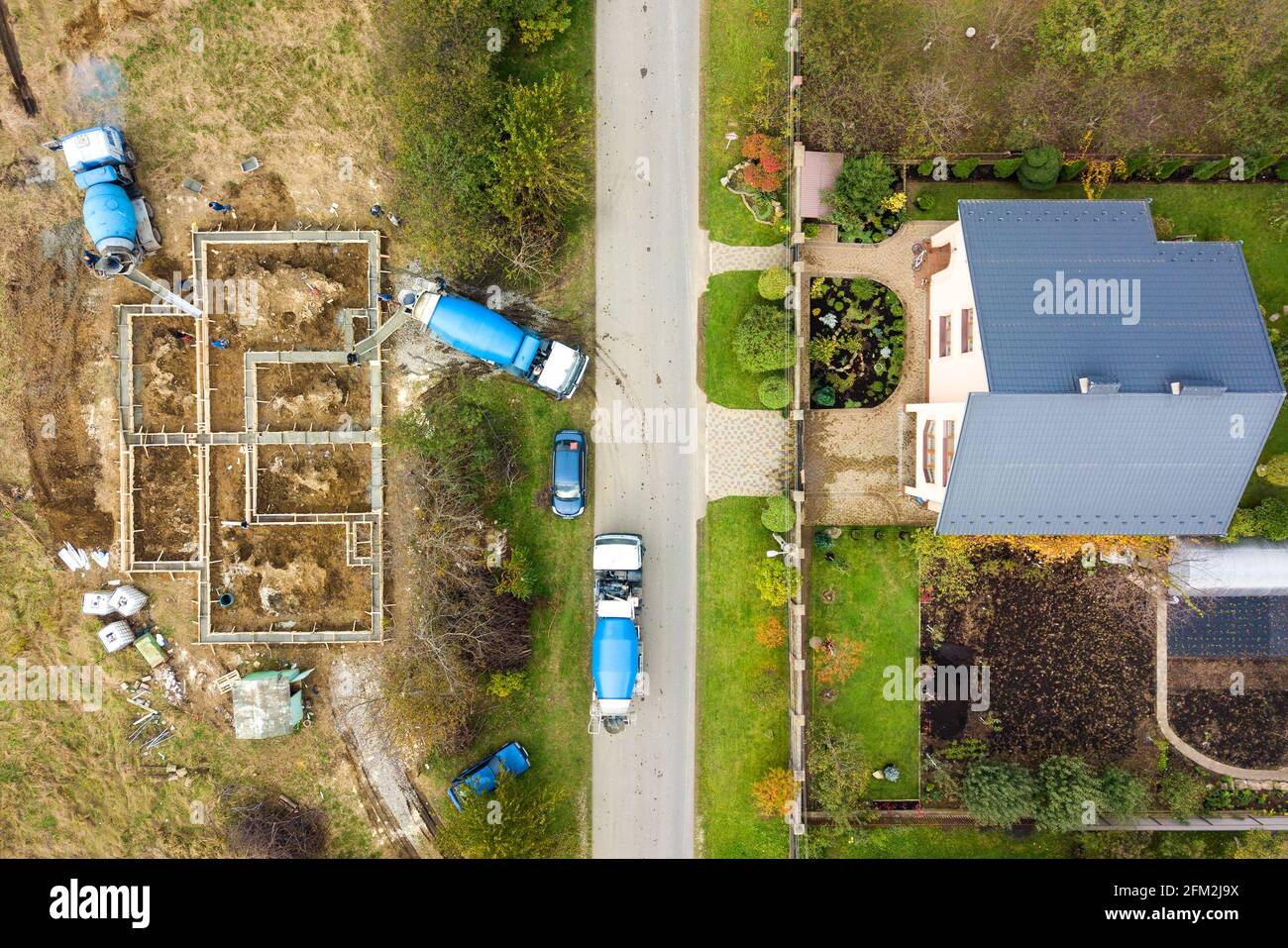 Top down aerial view of construction works of new house concrete ...