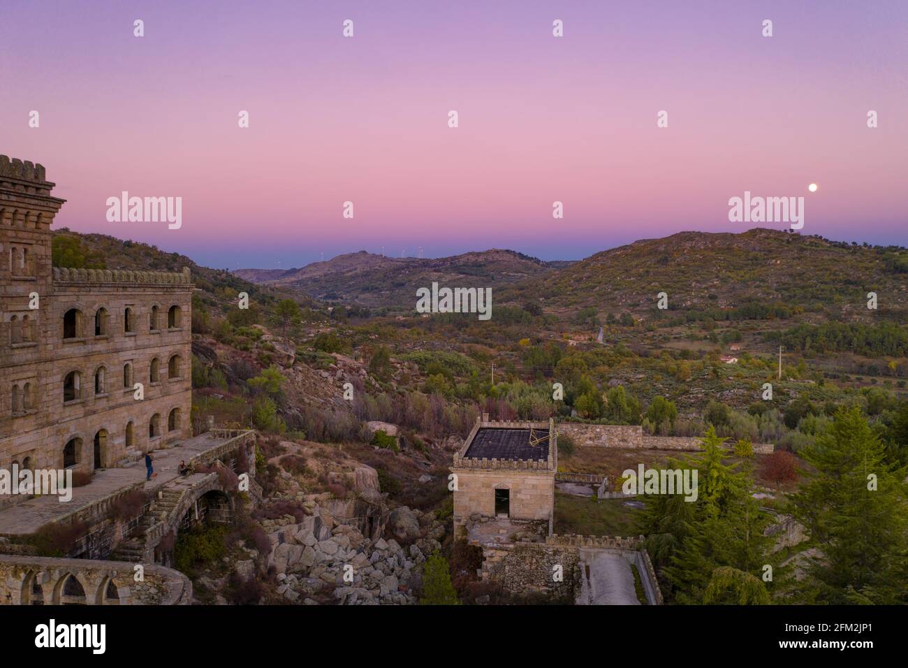 Drone aerial panorama of Termas Radium Hotel Serra da Pena at sunset in ...