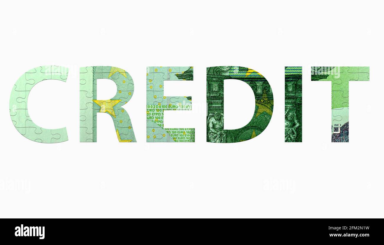 word CREDIT from euro banknotes puzzle pieces isolated on white ...