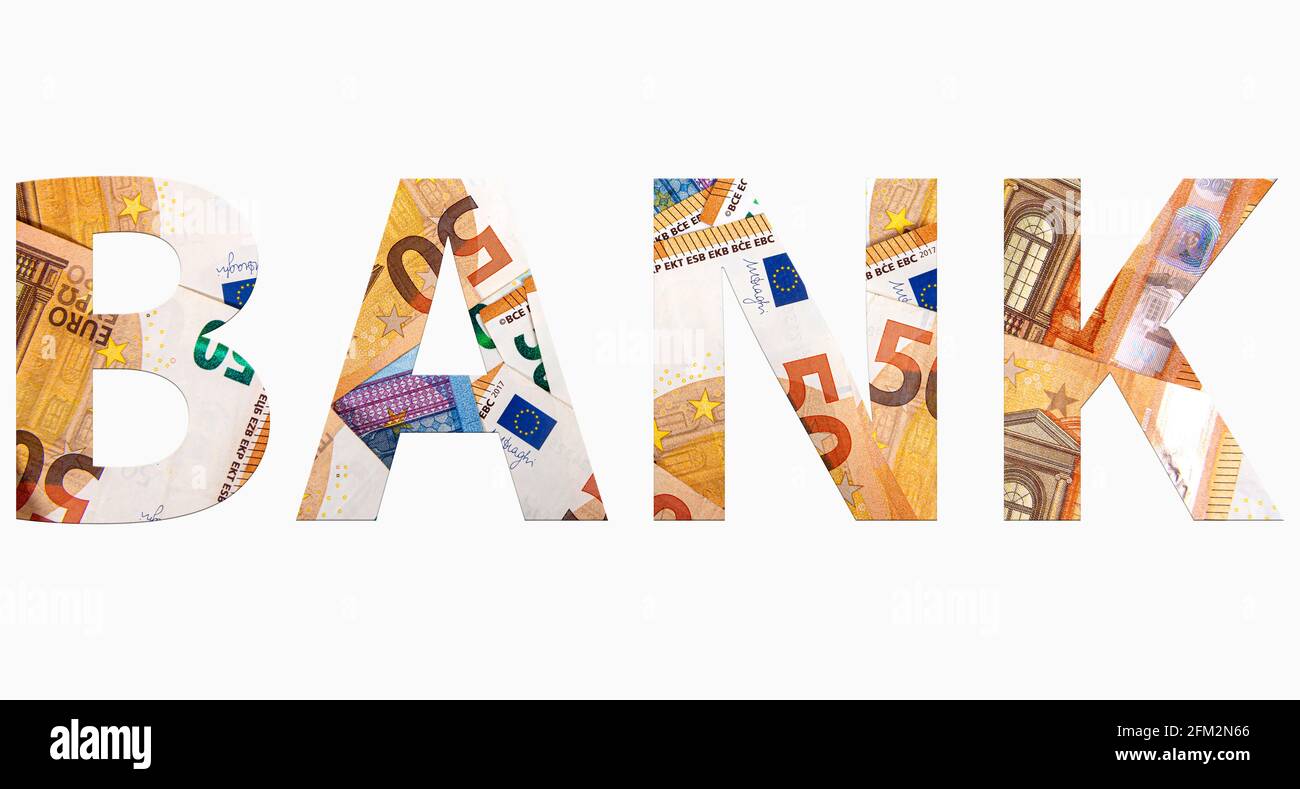 word BANK from euro banknotes isolated on white background, money ...