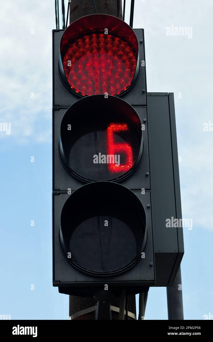 Modern LED traffic light with red prohibitory signal and signal ...