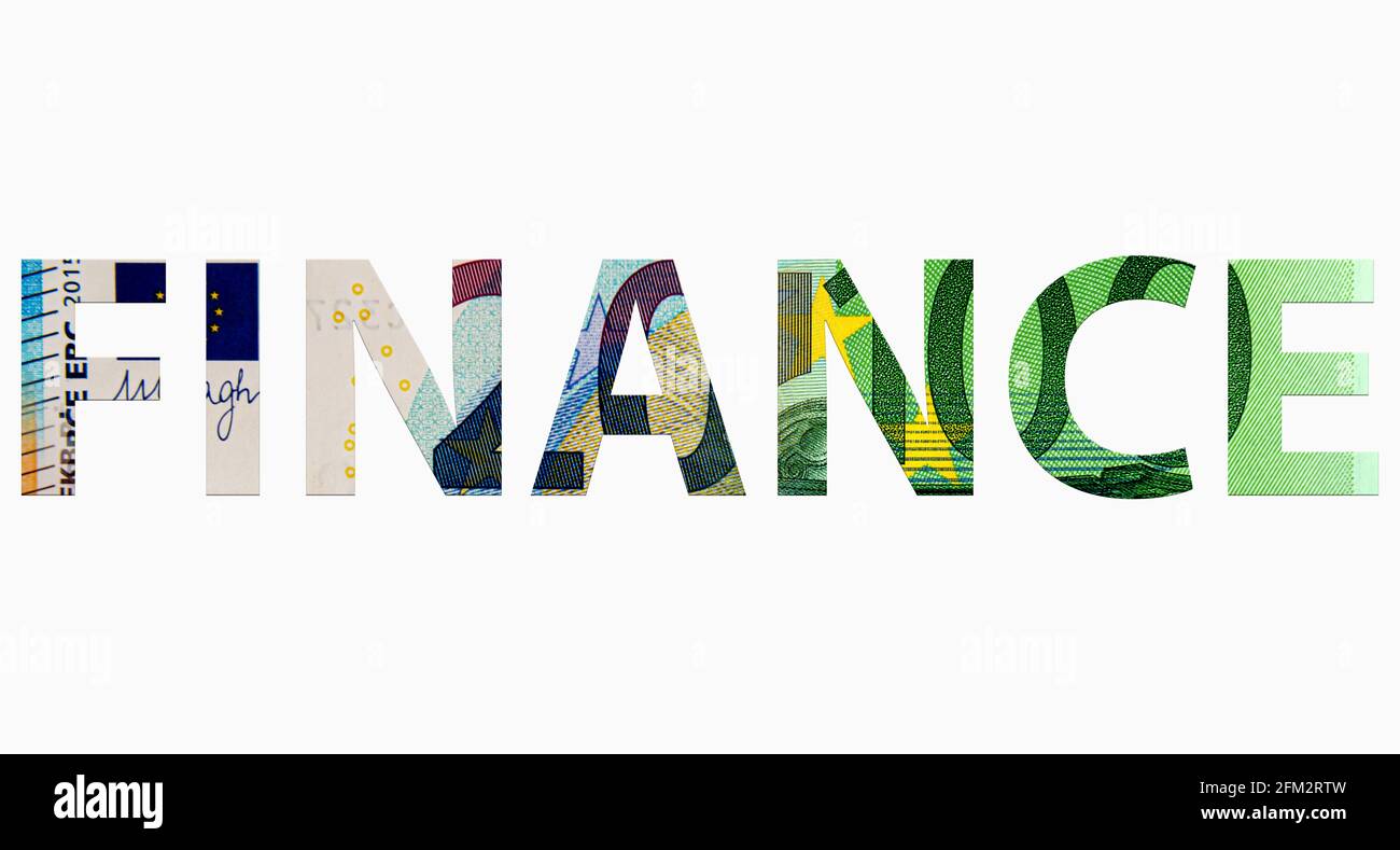 word FINANCE from euro banknotes isolated on white background, money ...