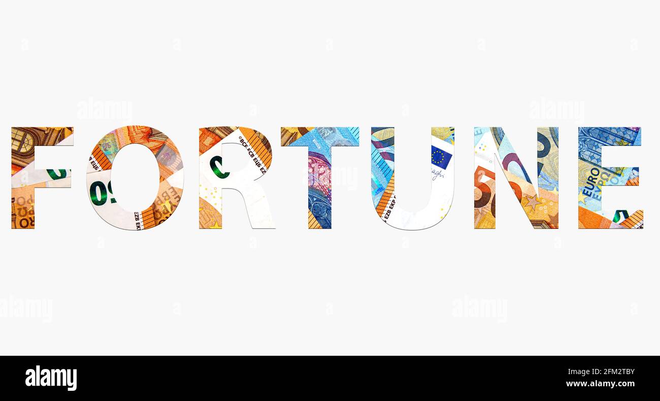 word FORTUNE from euro banknotes isolated on white background, money ...