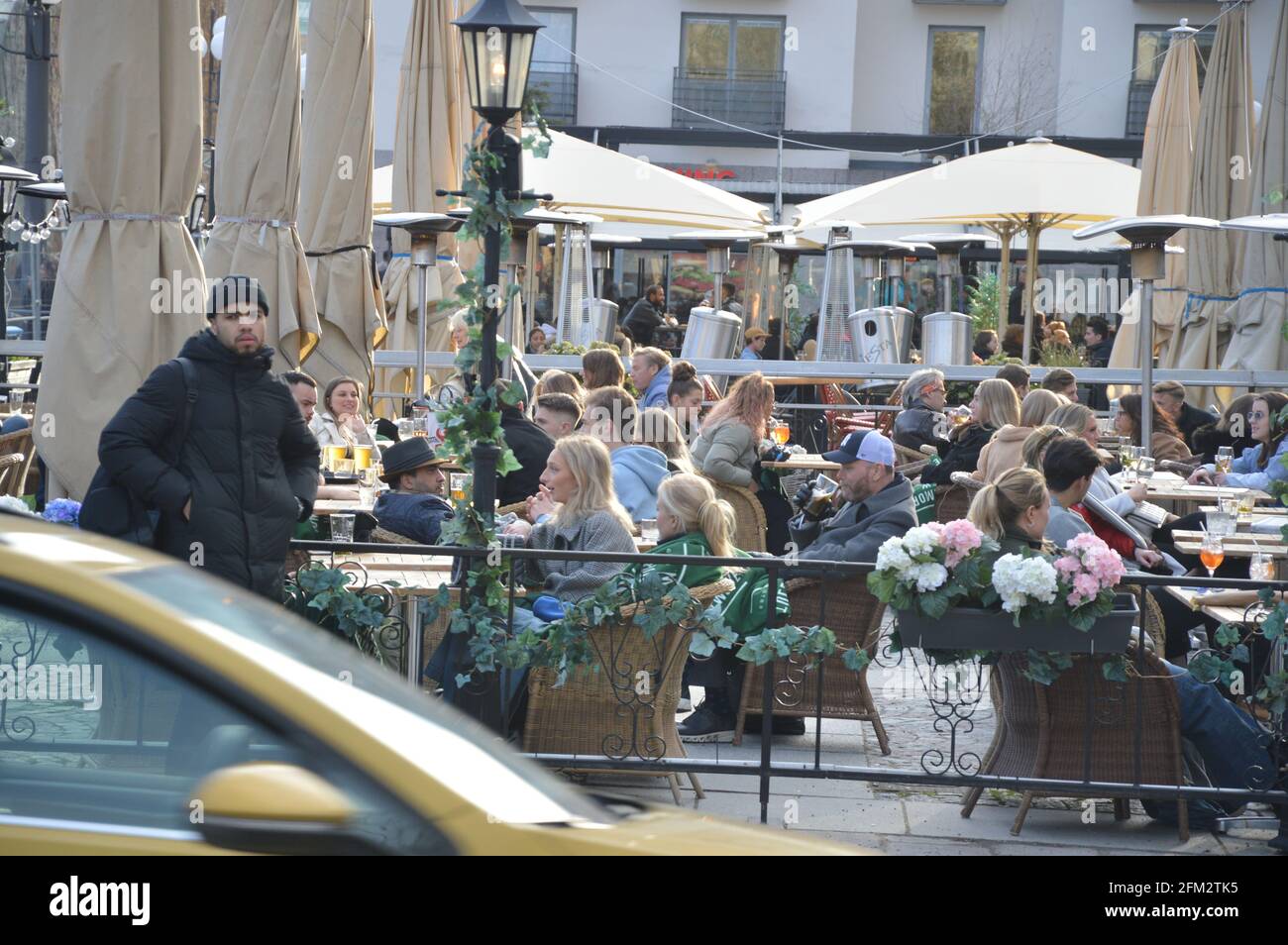 An outdoor restaurant at Medborgarplatsen in Stockholm, Sweden, is well ...
