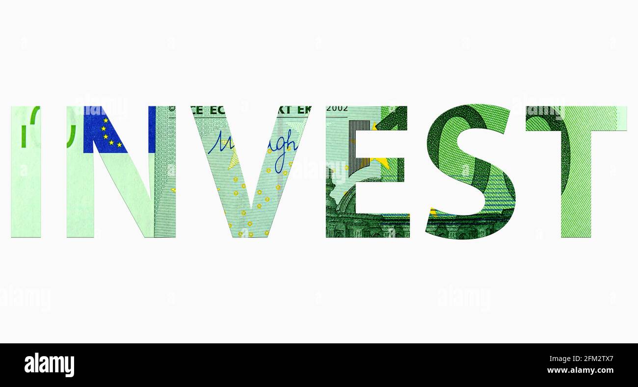 word INVEST from euro banknotes isolated on white background, money ...