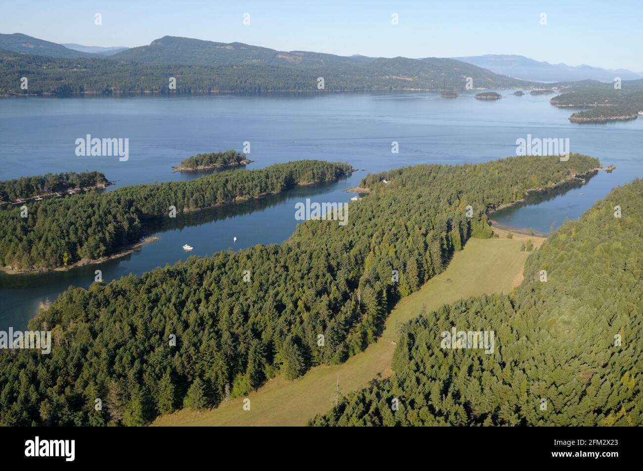 Aerial view of Annette Inlet, Prevost Island, Gulf Islands, British ...