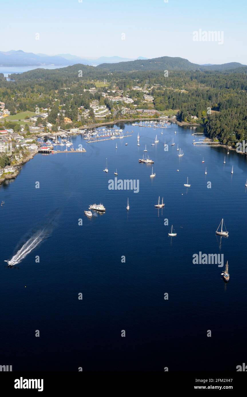 Aerial photo of the anchorage in Ganges Harbour, Salt Spring Island ...