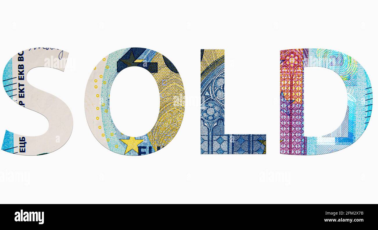 word SOLD from euro banknotes isolated on white background, money ...