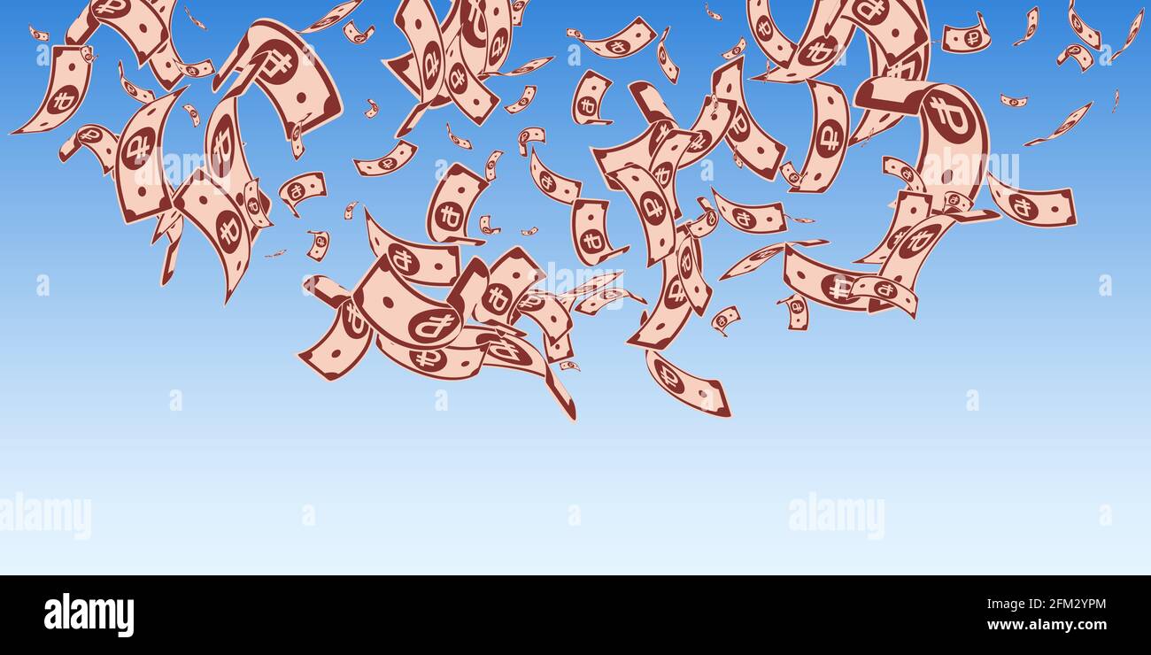 Russian ruble notes falling. Random RUB bills on blue sky background ...