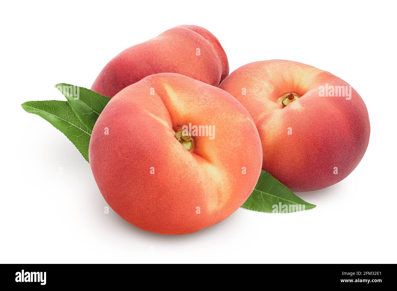 Ripe chinese flat peach fruit with leaf isolated on white background ...