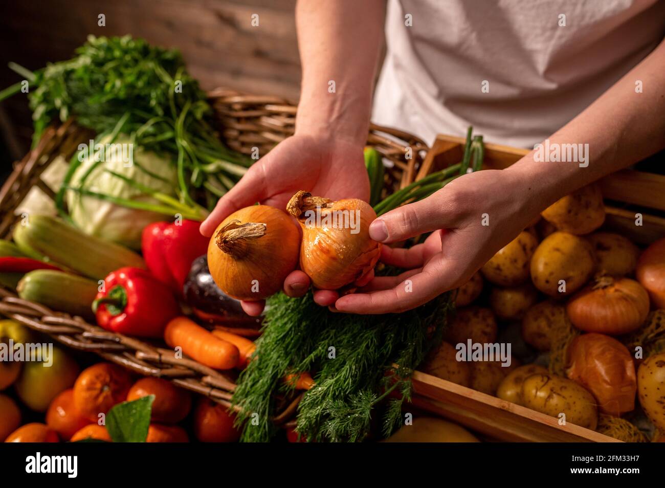 Farmer selling organic veg at market. Rustic style.Healthy food concept ...