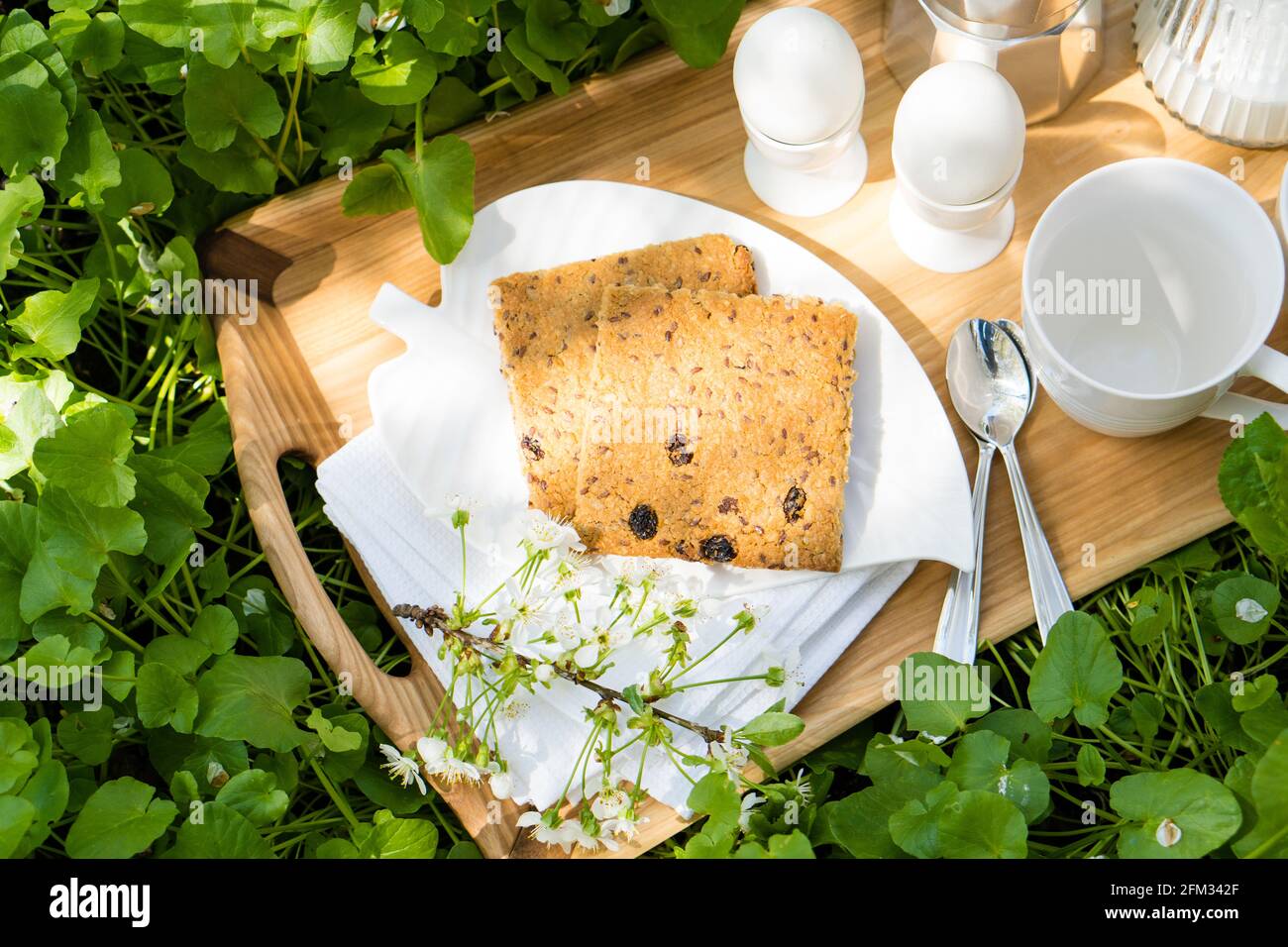 Breakfast for two on the lawn in the garden Stock Photo - Alamy