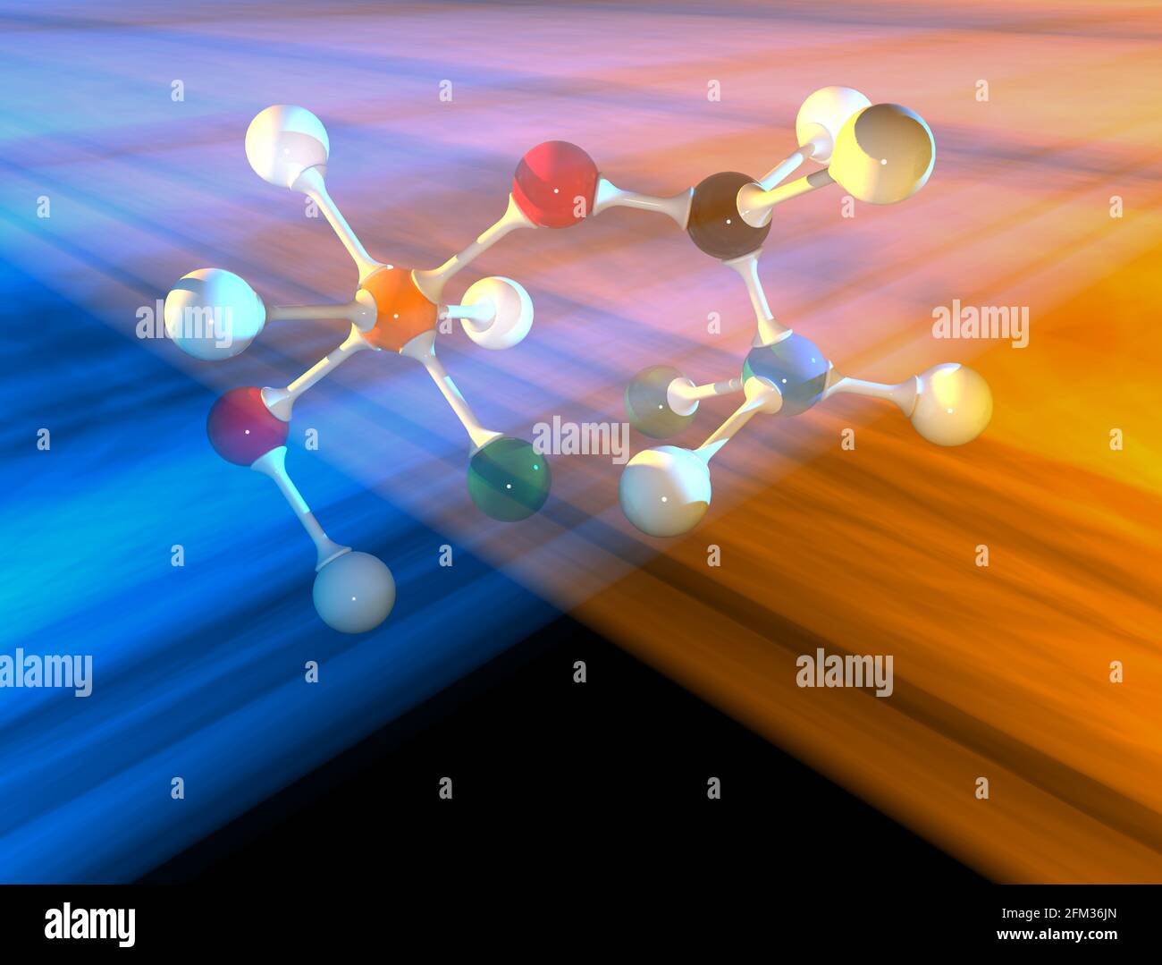 molecular structure in orange and blue light rays. 3d rendering Stock ...