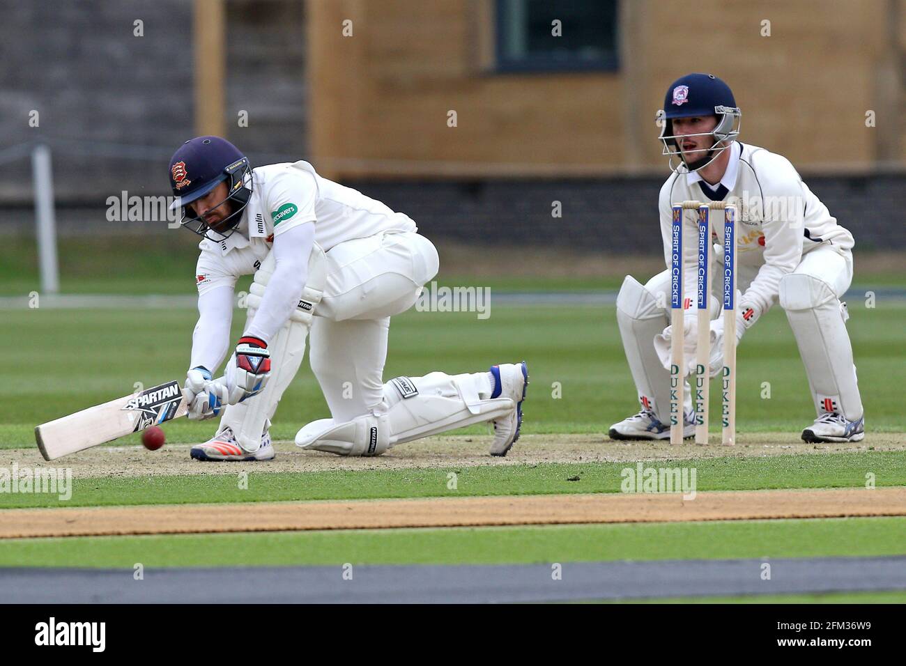 Jaik Mickleburgh plays the sweep shot for Essex as Joe Tetley looks on ...