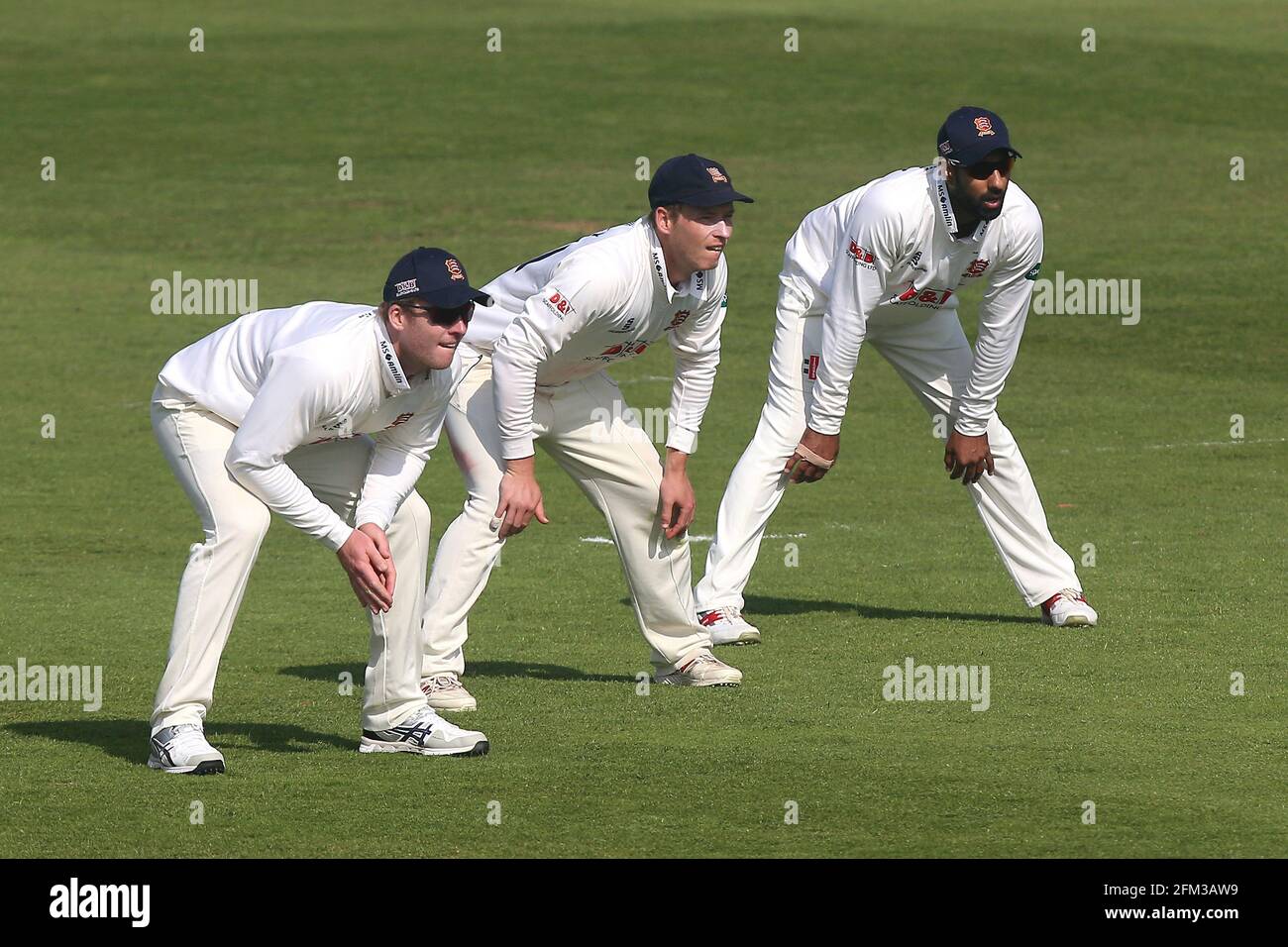 Simon Harmer (L), Tom Westley and Varun Chopra in the slips for Essex ...