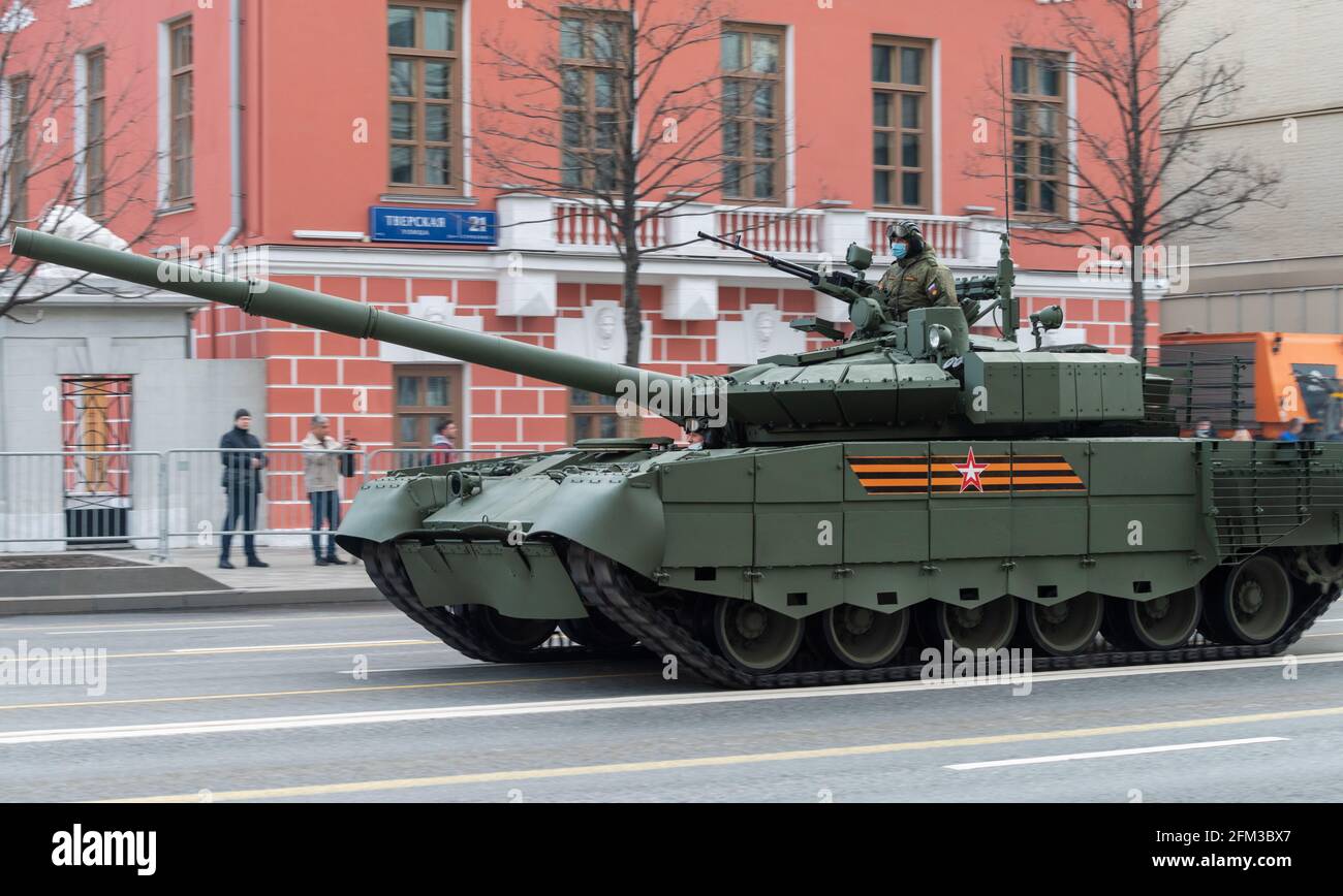 April 30, 2021 Moscow, Russia. Russian T-80 main battle tank on ...