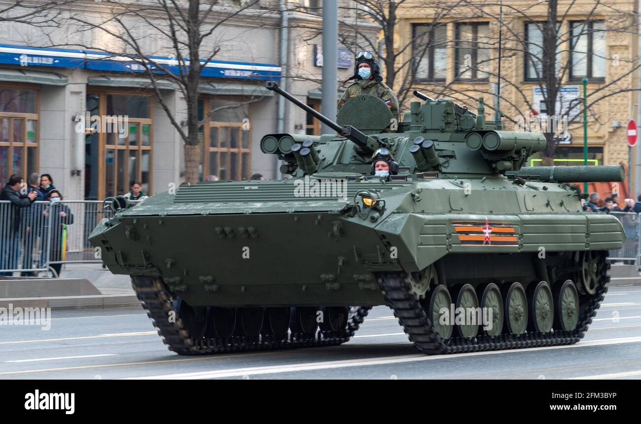 April 30, 2021 Moscow, Russia. Russian tracked infantry fighting vehicle BMP-2 with the Berezhok ...