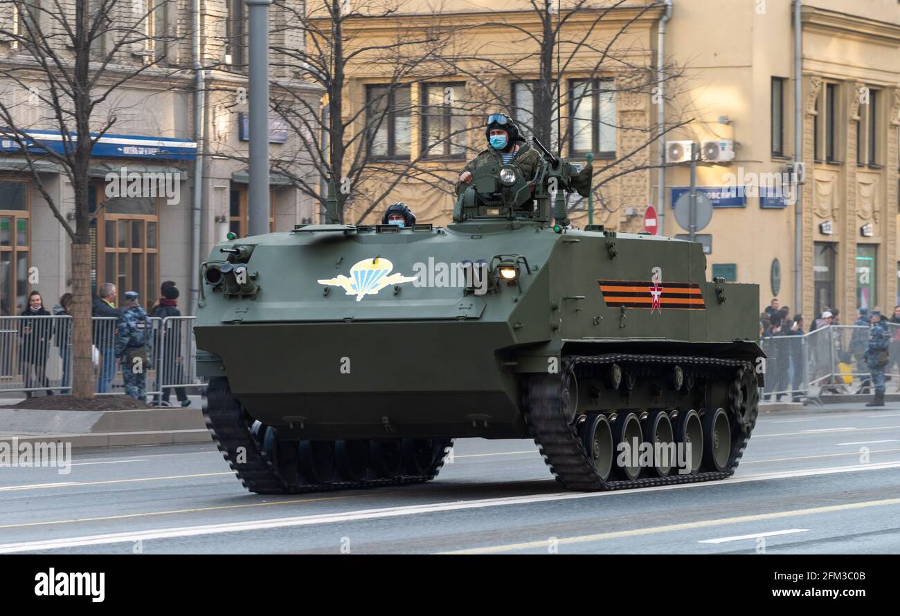 April 30, 2021 Moscow, Russia. Floating armored personnel carrier BTR ...