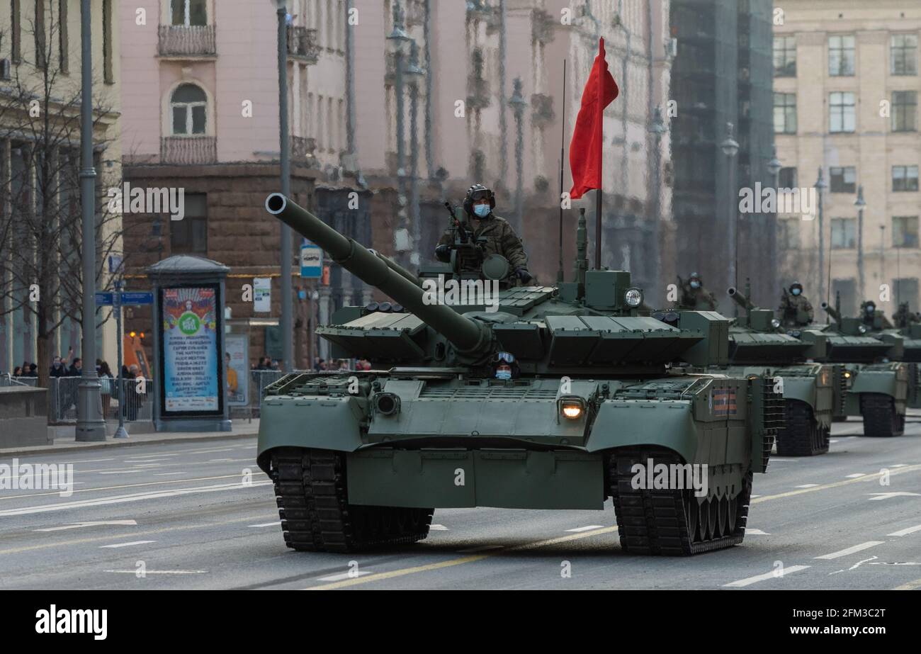 April 30, 2021 Moscow, Russia. Russian T-80 main battle tank on ...