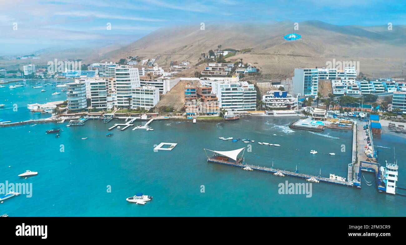 Aerial view of the bay, marina and buildings of Ancon - Lima, Peru ...
