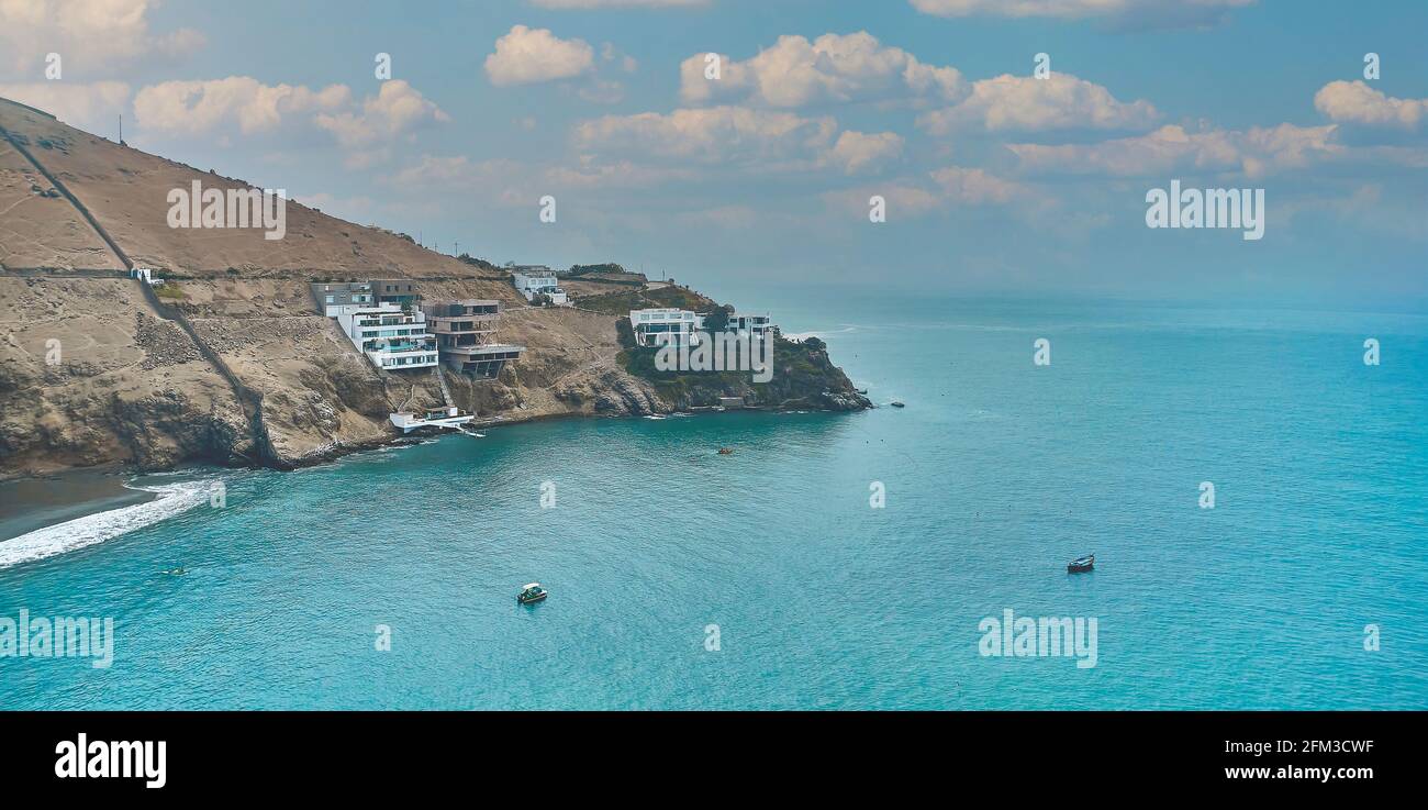 Aerial view of the bay, marina and buildings of Ancon - Lima, Peru ...