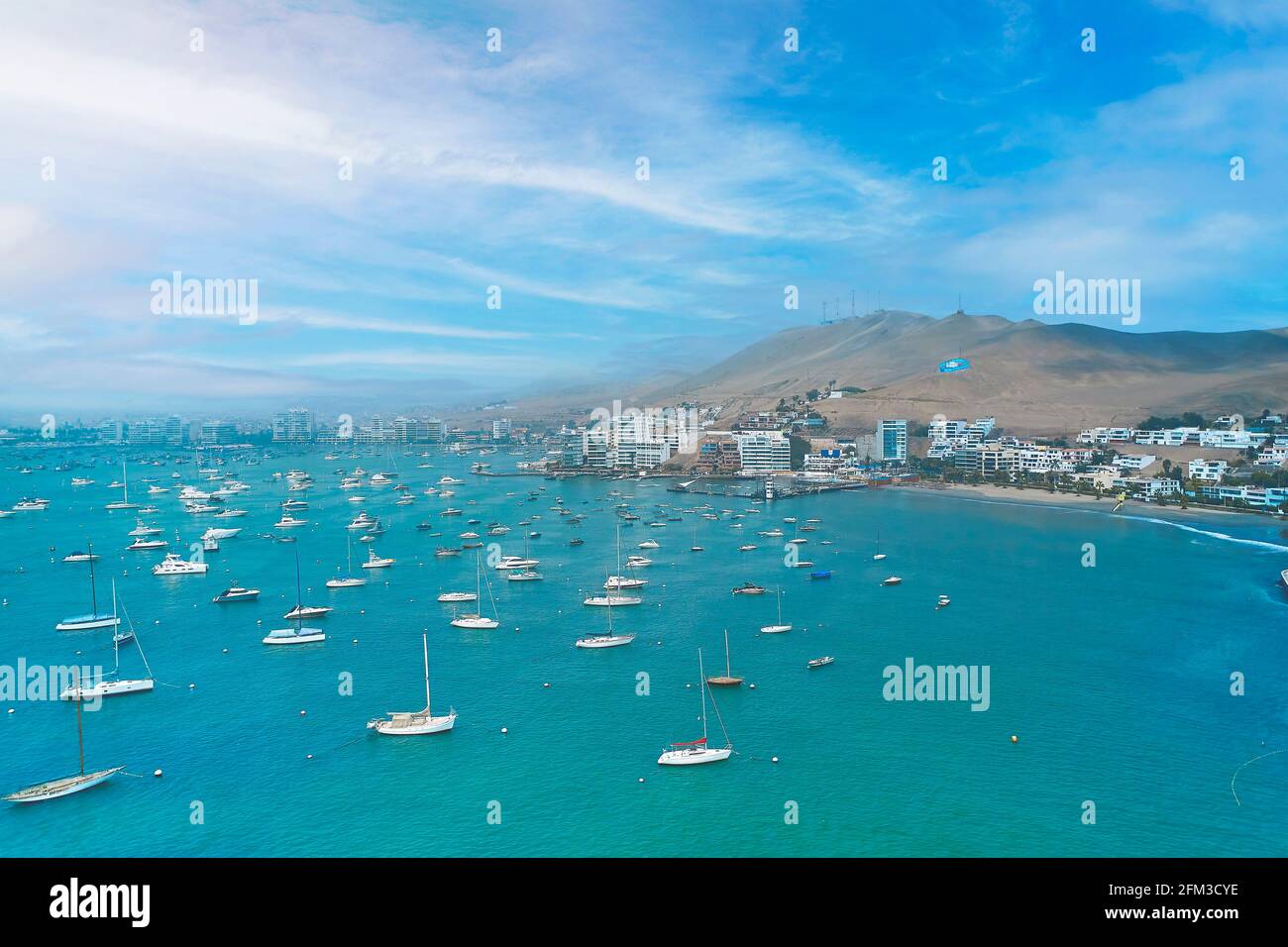 Aerial view of the bay, marina and buildings of Ancon - Lima, Peru ...