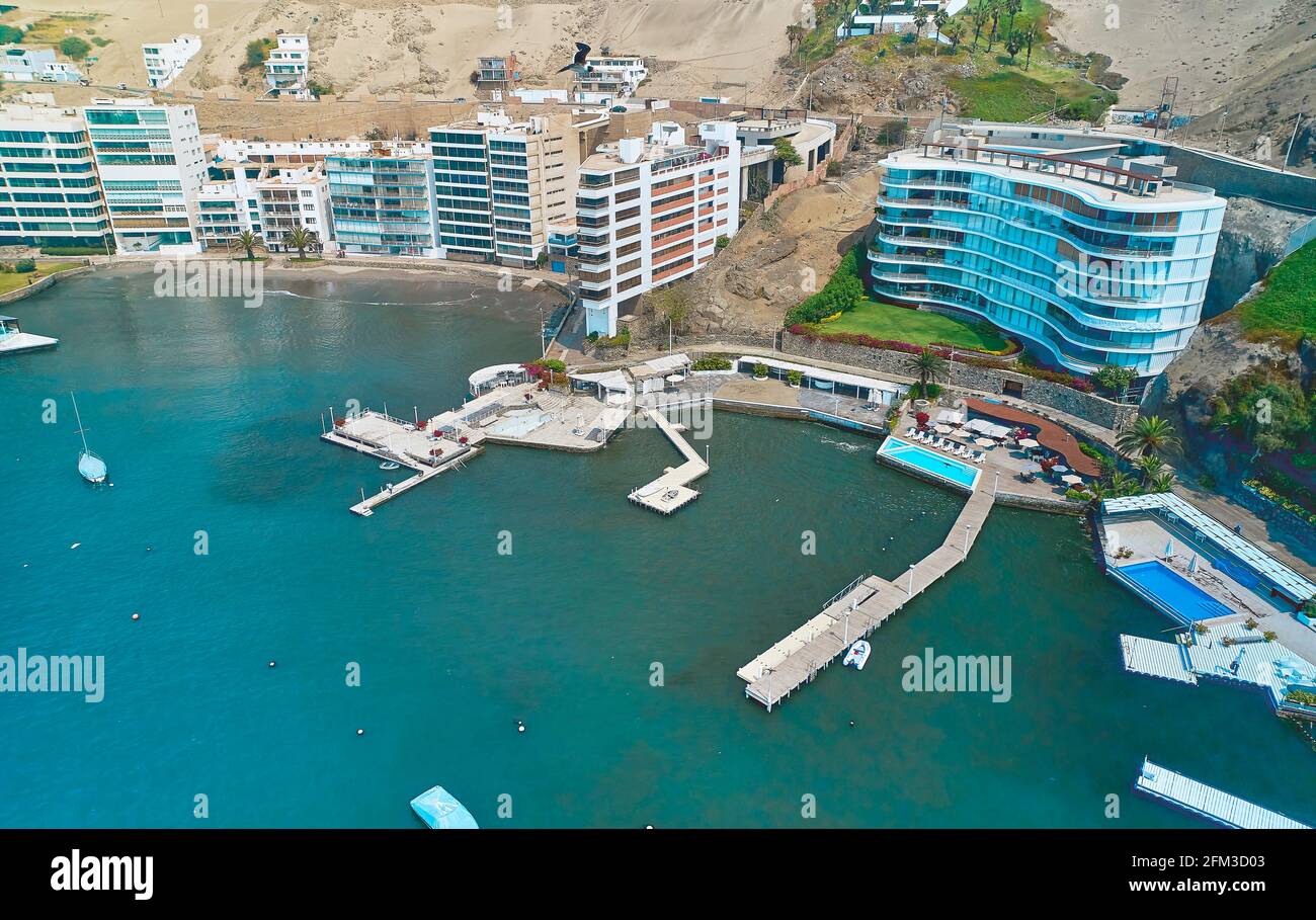 Aerial view of the bay, marina and buildings of Ancon - Lima, Peru ...