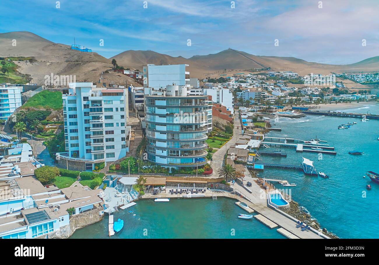 Aerial view of the bay, marina and buildings of Ancon - Lima, Peru ...