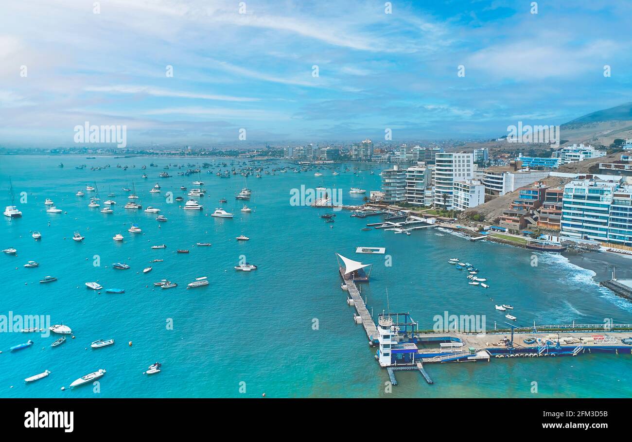 Aerial view of the bay, marina and buildings of Ancon - Lima, Peru ...
