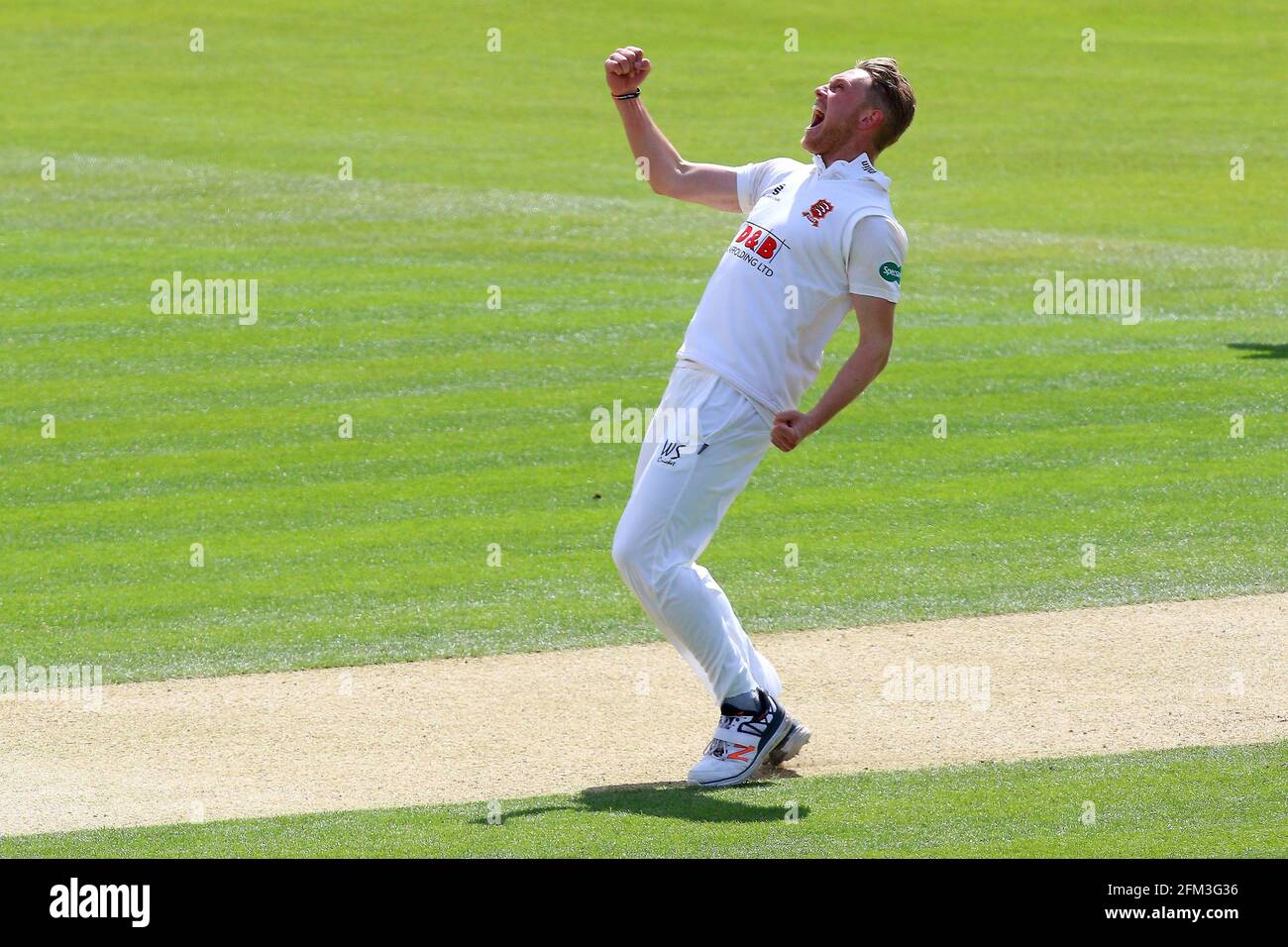 Jamie Porter of Essex celebrates taking the wicket of Jake Libby during ...