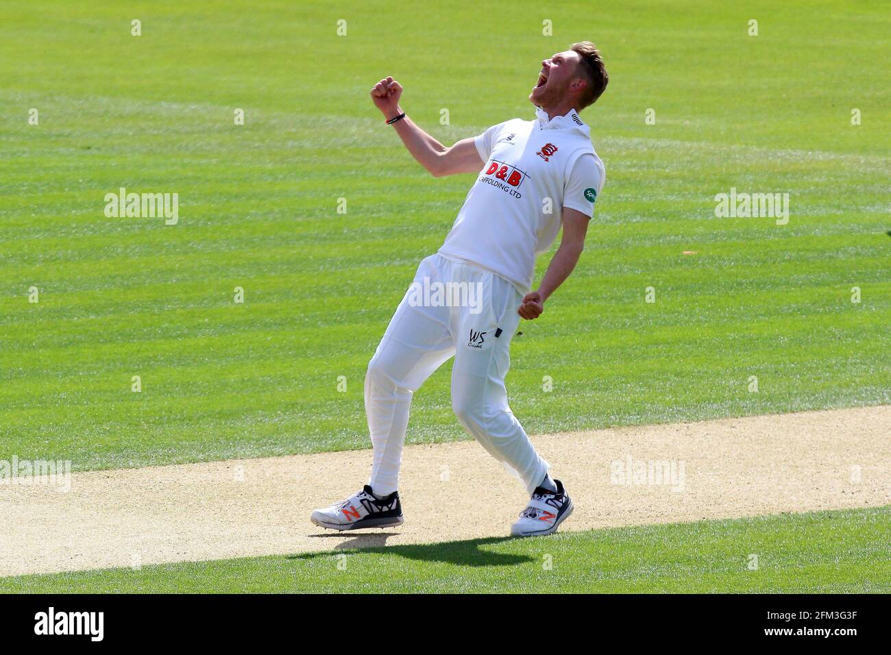 Jamie Porter of Essex celebrates taking the wicket of Jake Libby during ...